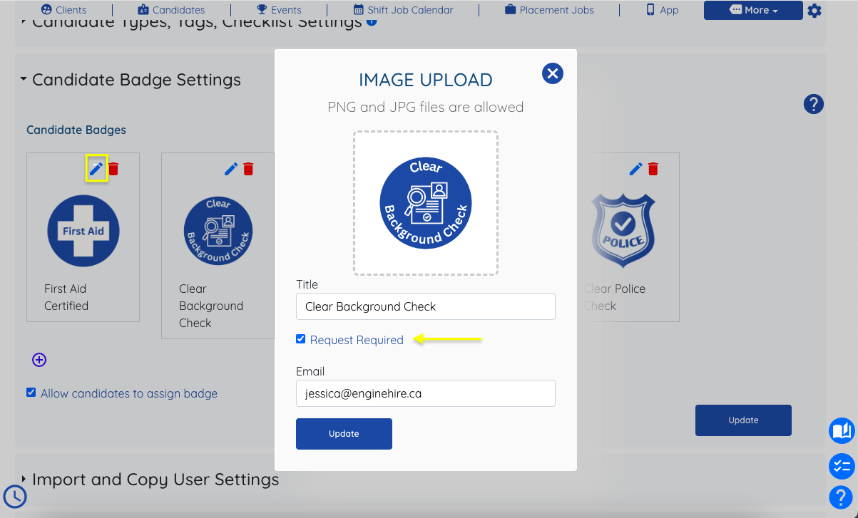 How to turn on/off admin approval requests for candidate badges