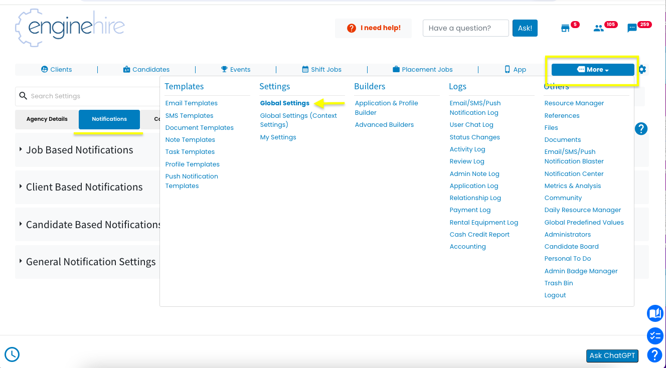 Where to set admin notifications