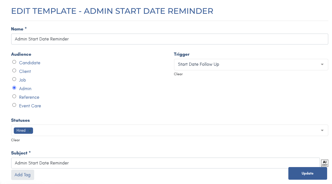 Start Date Email Template for Admin