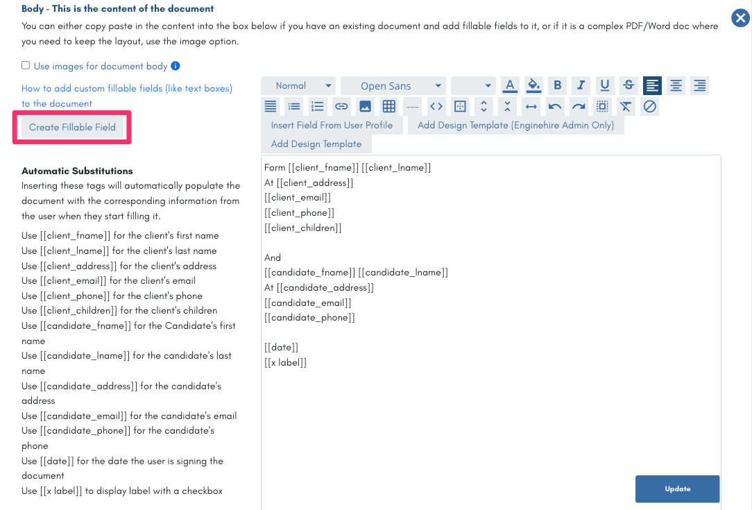 How to create a Document Template (signable document). Add Fillable Fields.