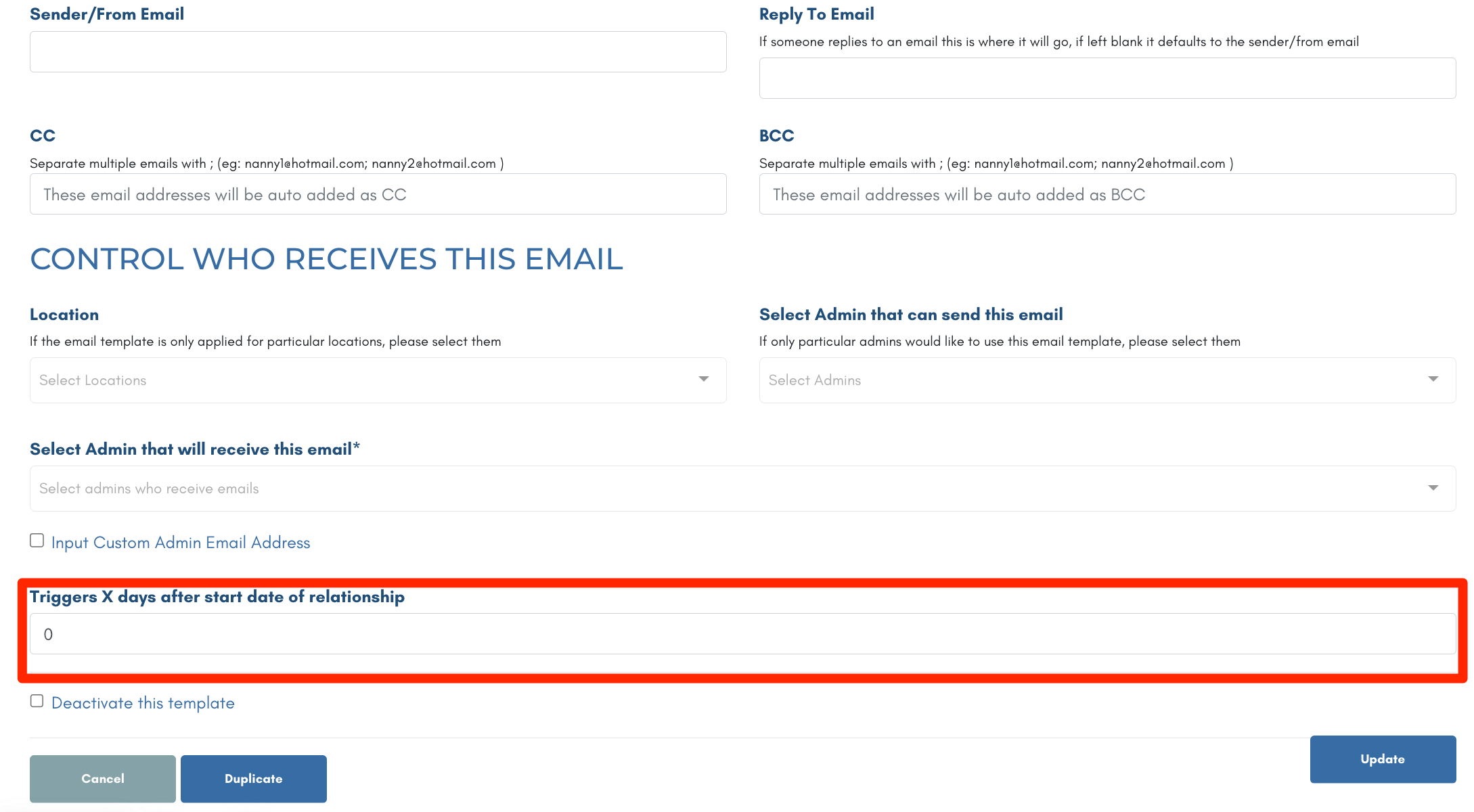 Start Date Email Template for Admin