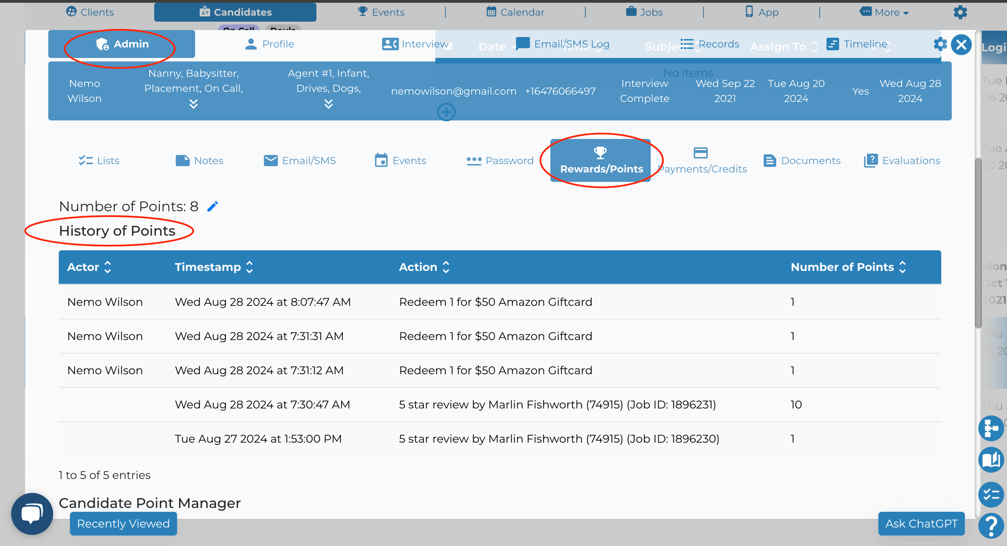 How to use the candidate points/rewards manager