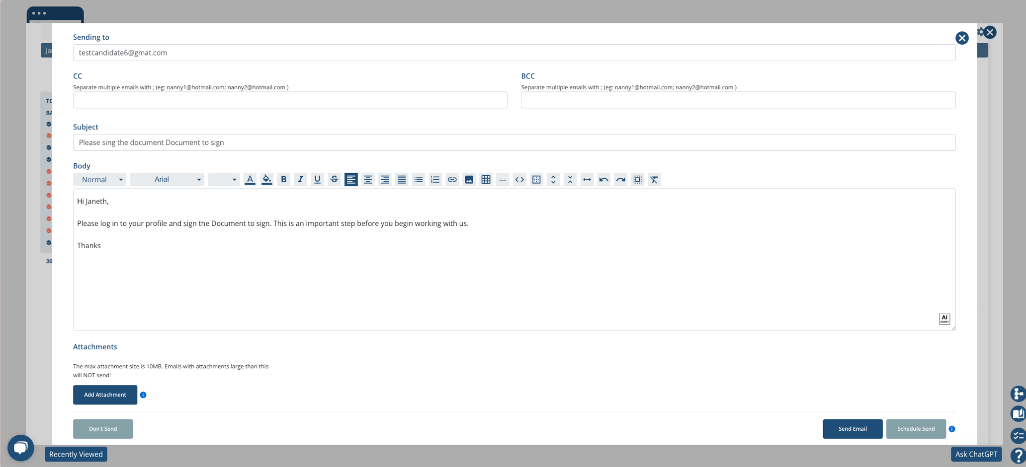 How to notify candidates or clients to sign a document