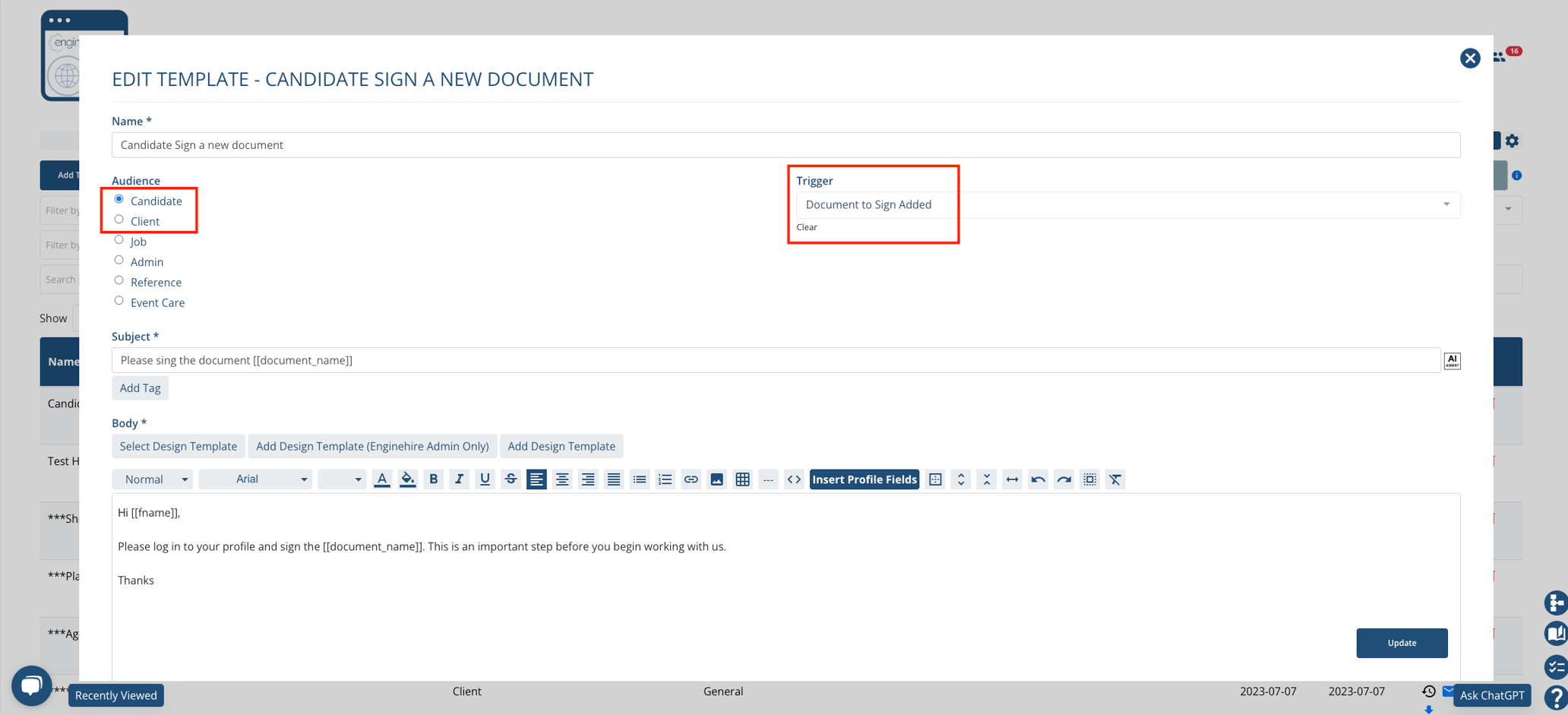 How to notify candidates or clients to sign a document