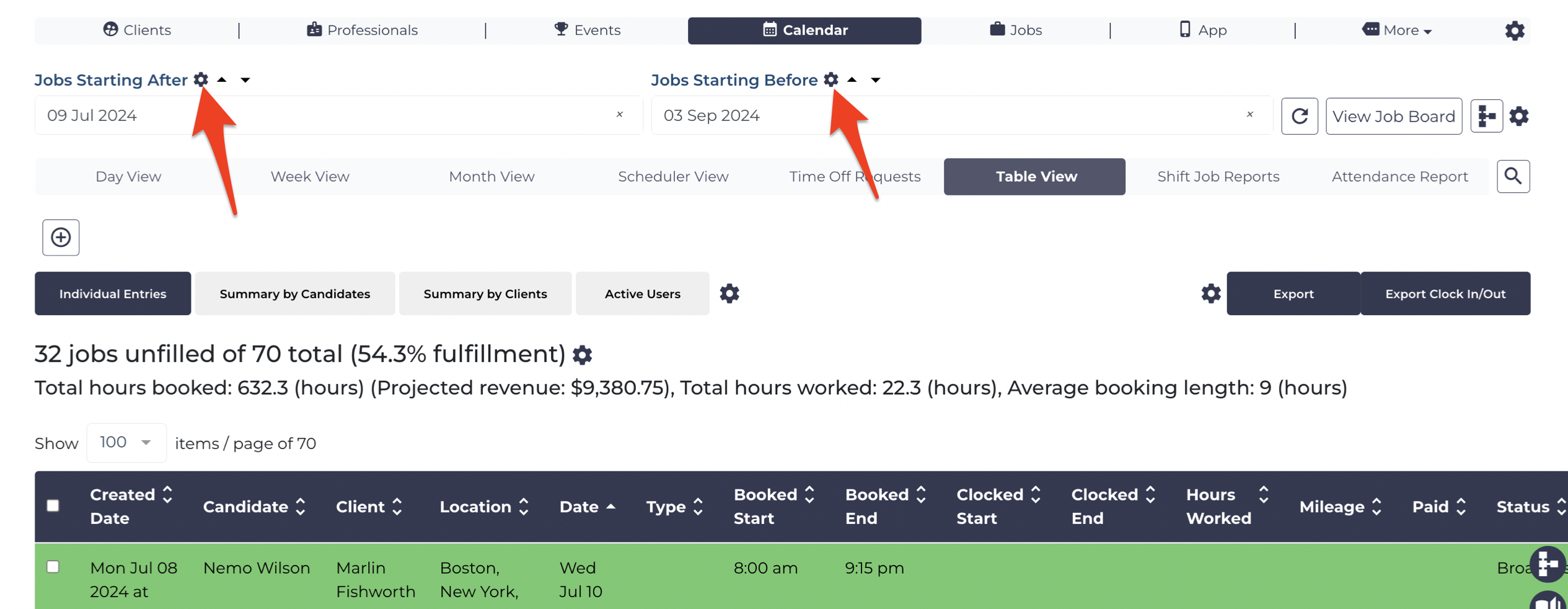 Edit the default date range filters for the shift job calendar