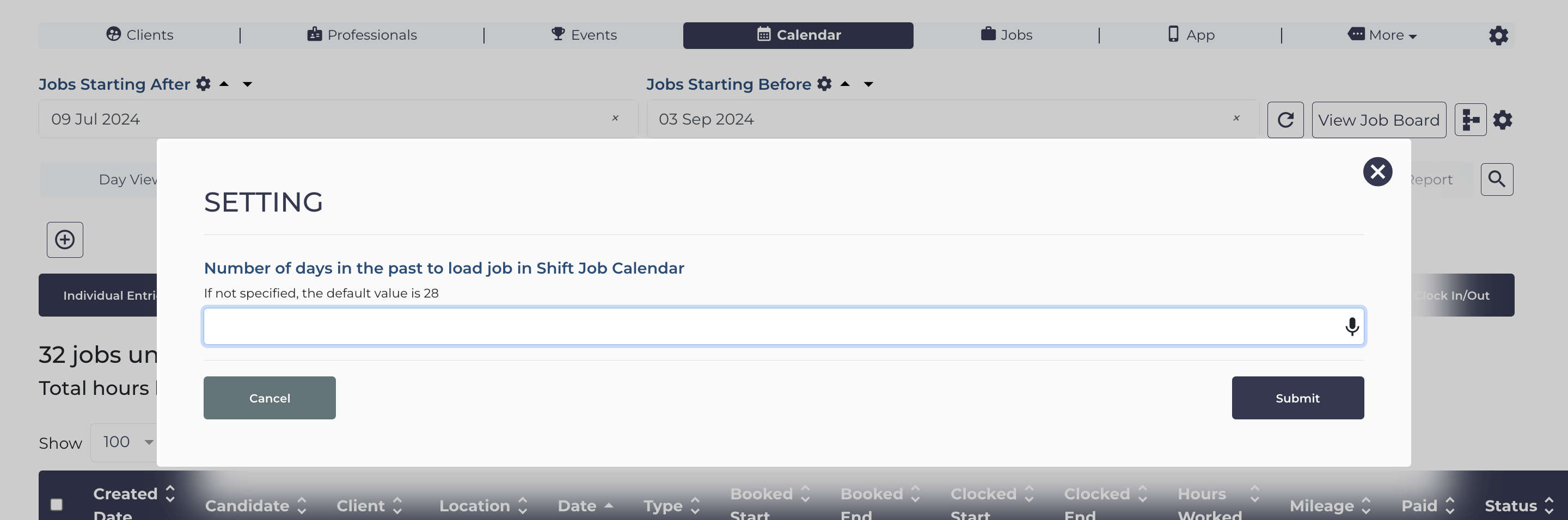Edit the default date range filters for the shift job calendar