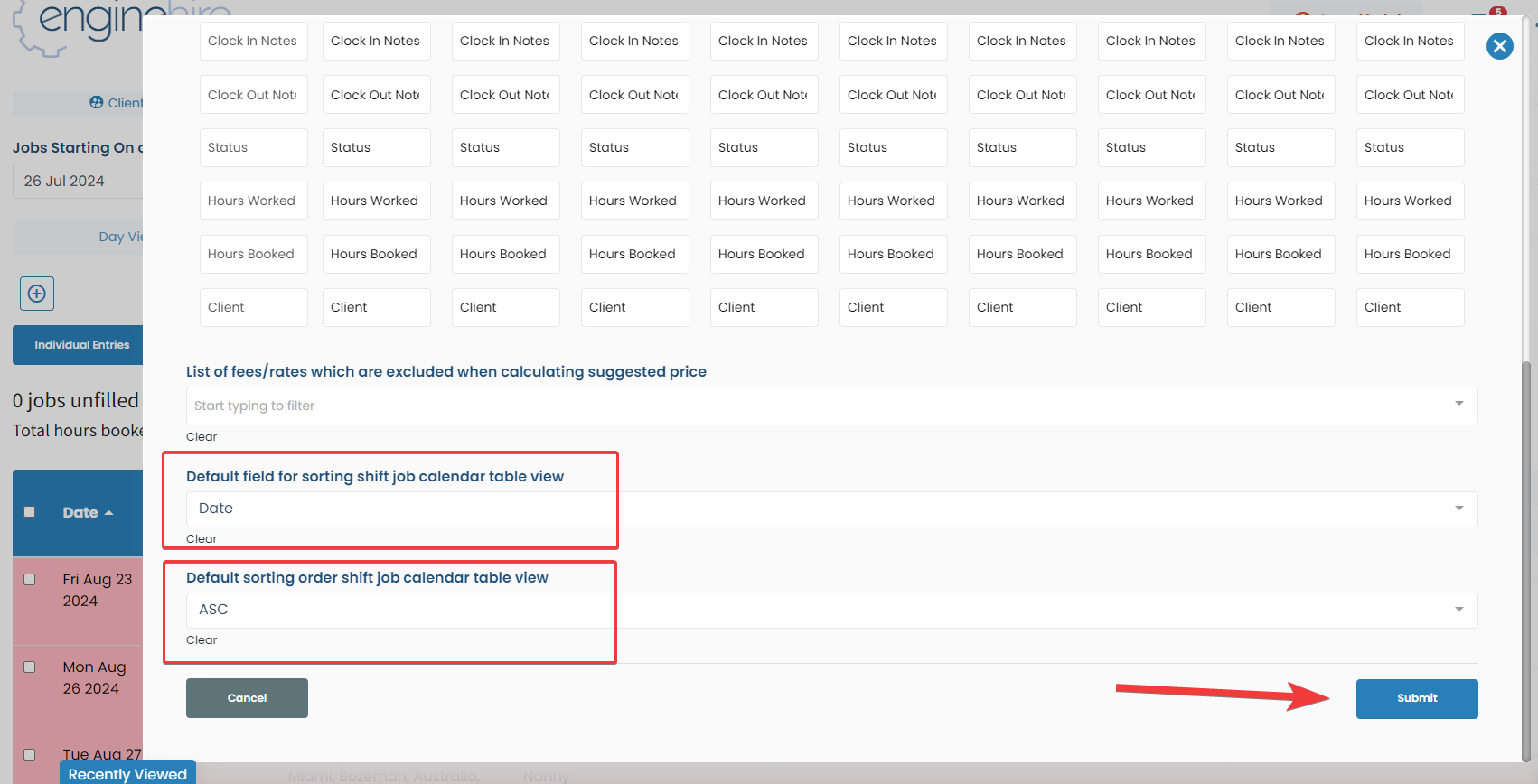 How to adjust the default field for sorting shift job table view