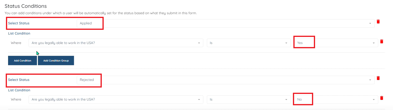 How to add option for status conditions in application forms.