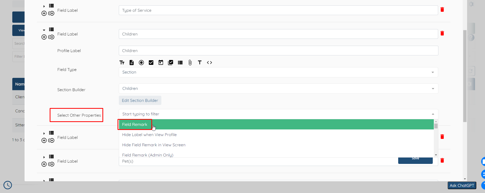 How to add a field remark to a Section