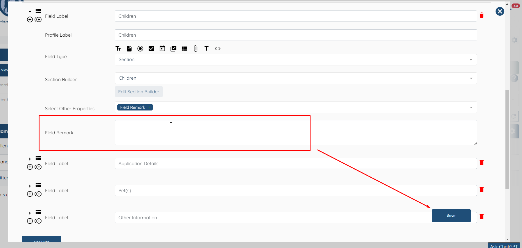 How to add a field remark to a Section