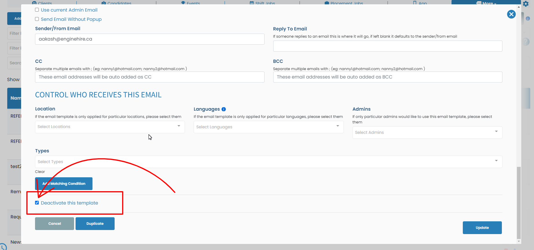 How to activate/deactivate an email template